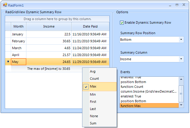 Dynamic Column Group Summary From Context Menu In Ui For Winforms Gridview Telerik Code Libraries