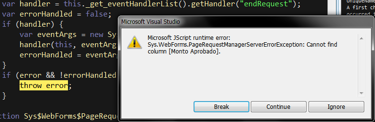 Sys Webforms Pagerequestmanagerservererrorexception Cannot Find Column