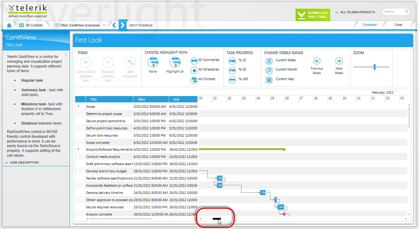 Configure Or Enable Horizontal Scroll Bar For The Date Range In Ui For Silverlight Ganttview