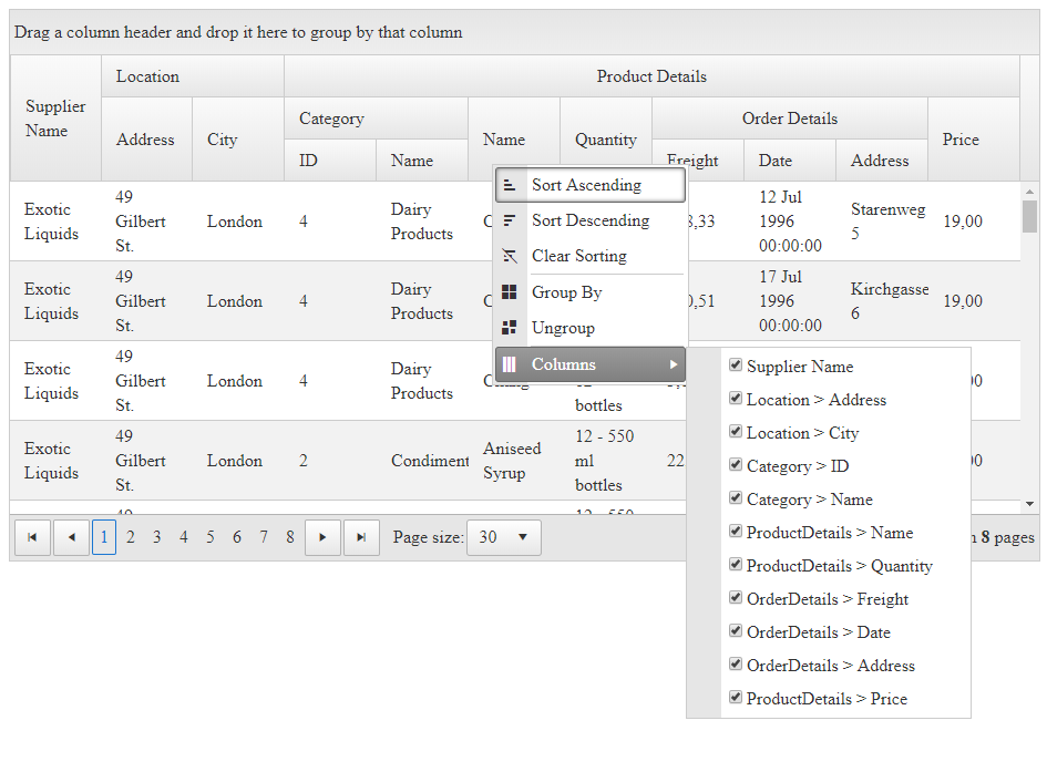 Display Group Name And Header Text In Columns Header Context Menu In Ui