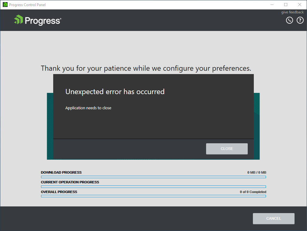 Progress Control Panel crashes when you update or install a product in Telerik Control Panel ...