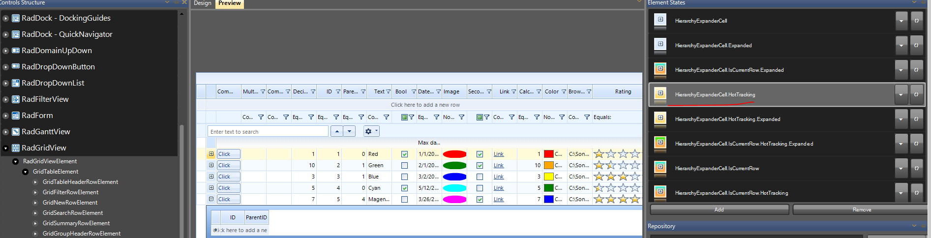 Winforms RadGridView Hierarchy - change expand plus-sign backcolor? in UI for WinForms | Telerik ...
