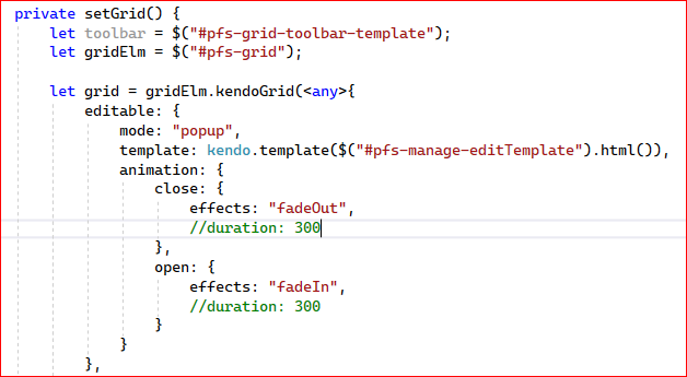 How to change the default Open Close animation of Kendo grid popup window in Kendo UI for jQuery ...