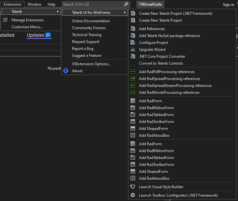 Issue with using any VS 2019 Telerik Winforms Extension functionality ... Issue with using any VS 2019 Telerik Winforms Extension functionality ...