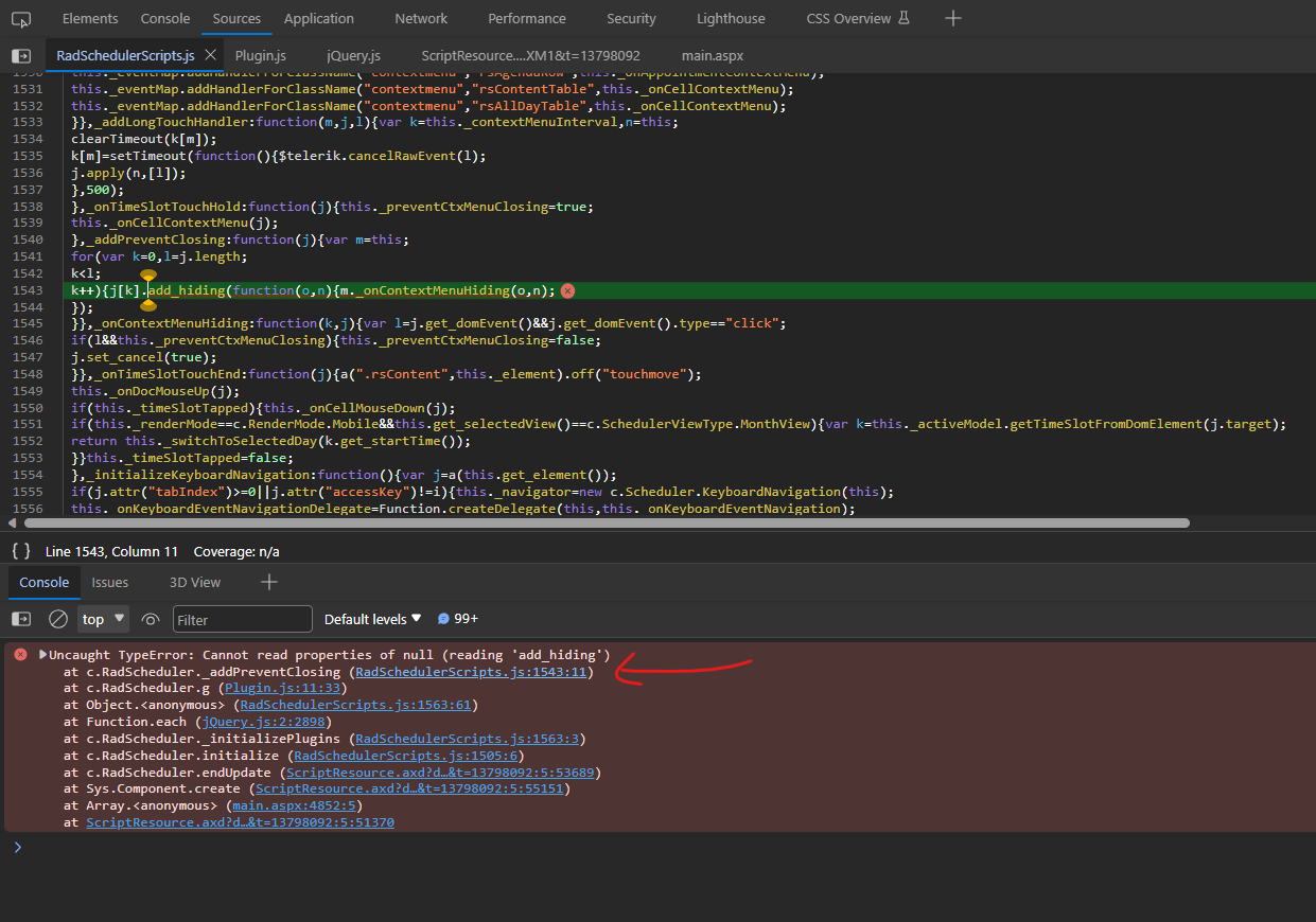 RadScheduler 'Cannot read properties of null (reading 'add_hiding')' when viewing on mobile ...