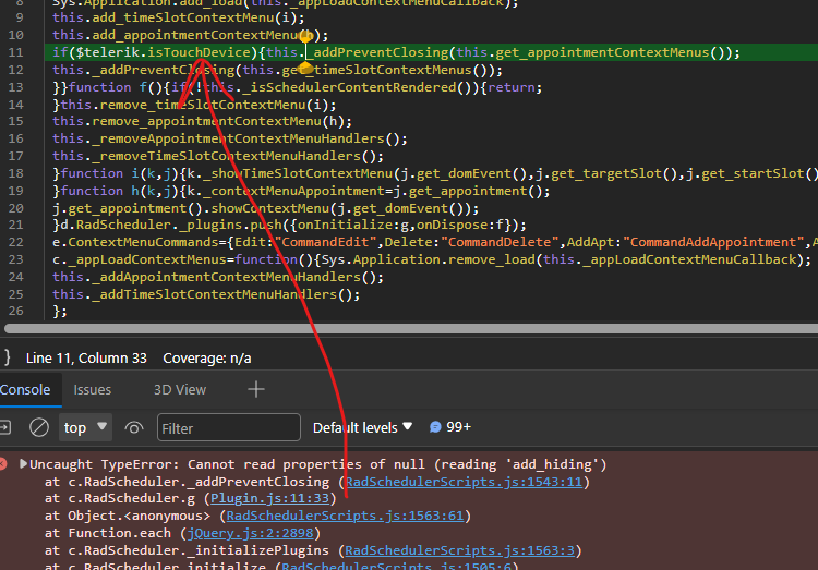 Radscheduler Cannot Read Properties Of Null Reading Add Hiding When Viewing On Mobile