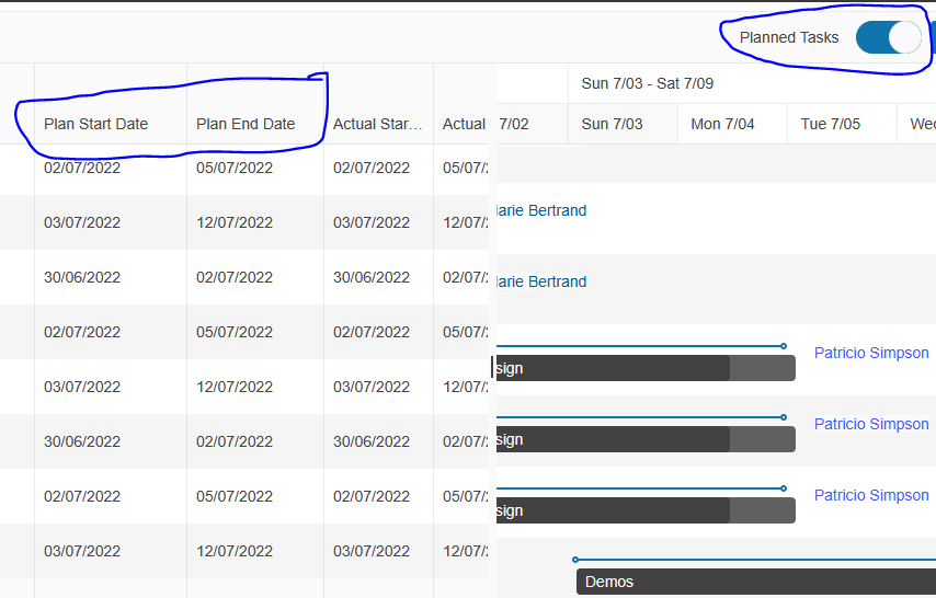 Enable/Disable Planned Start and Planned End columns on Planned Tasks Toggle button click in ...