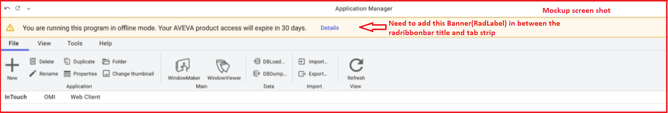 Adding radlabel as a banner in between RadRibbonForm title and tab strip in UI for WinForms ...