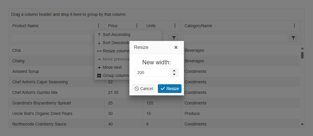 Is Resize Column Menu Item Is Added In Kendo Angular Grid Version 613 If Yes Then Please