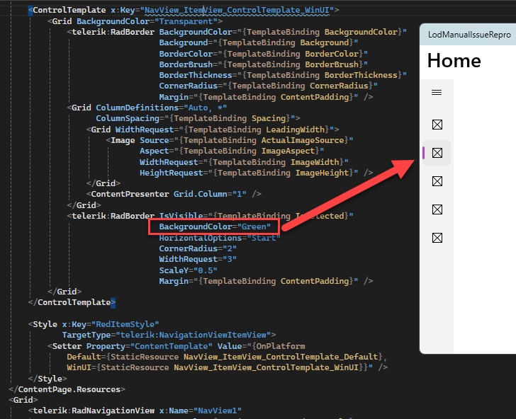 Customize color of Selection Indicator from NavigationItemView in UI for .NET MAUI | Telerik Forums